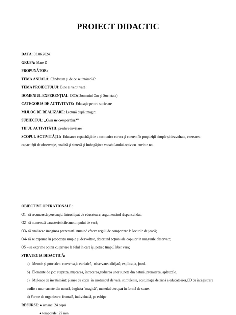 Proiect de Lectie - Bine Ai Venit Vara! | PDF