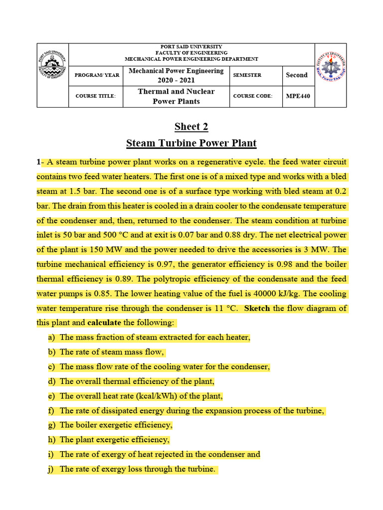 Sheet 2 Steam Turbine power Plants | PDF