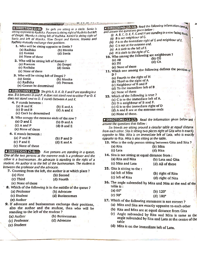 Sitting Arrangements Test | PDF