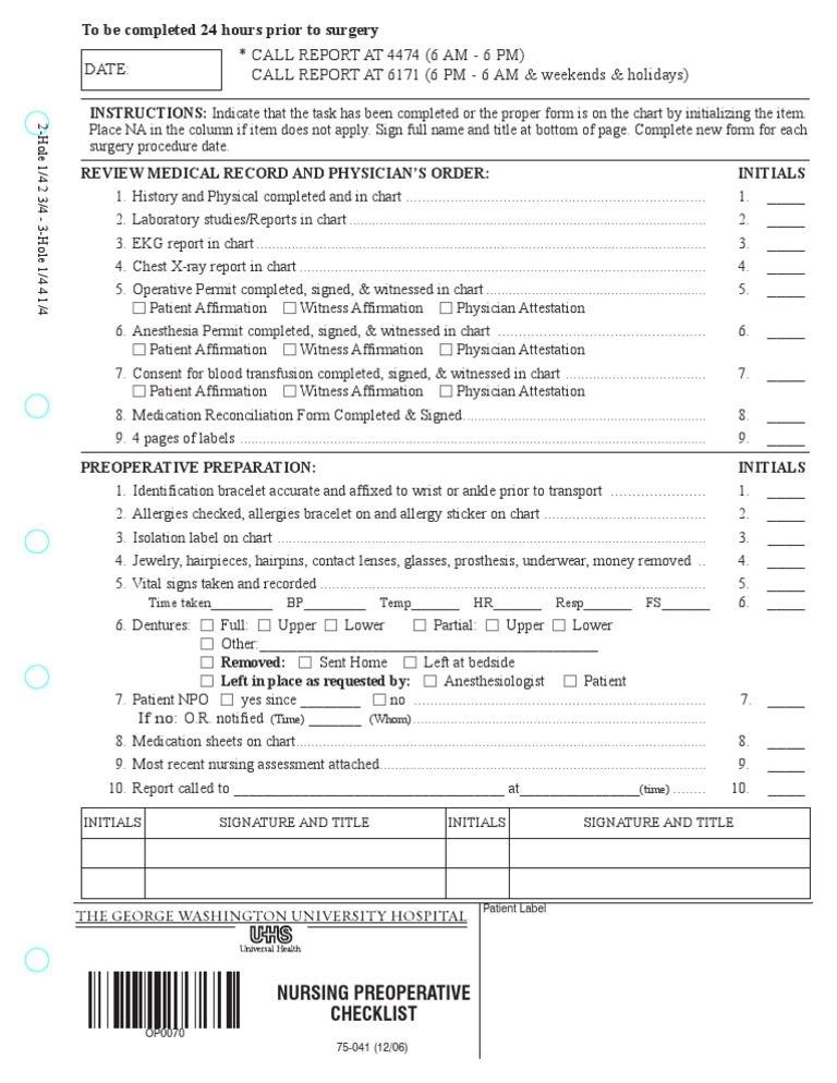 Nursing Preoperative Checklist Form | PDF | Technology & Engineering