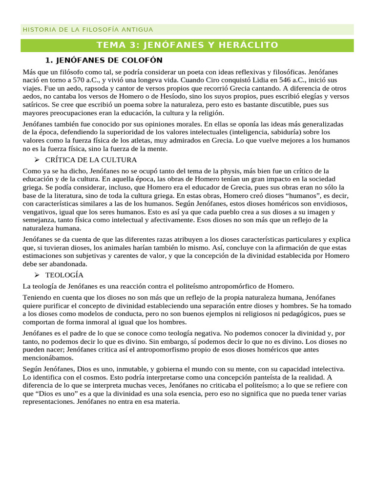 Tema 3 Filosofía Antigua. Jenófanes y Heráclito | PDF