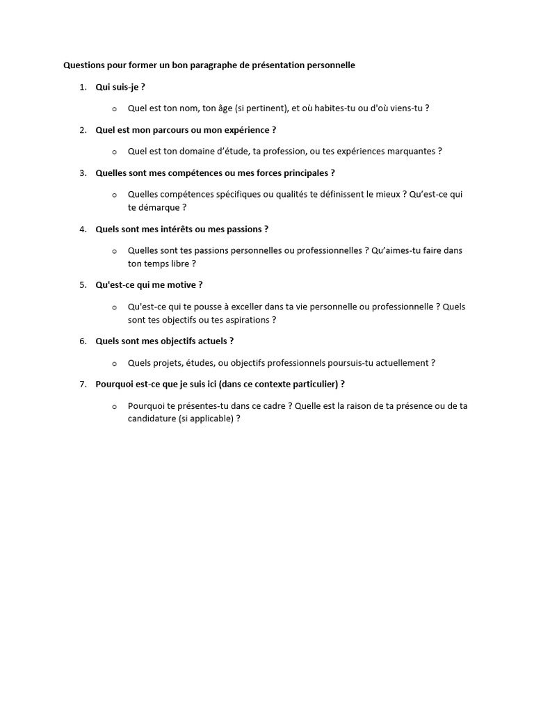 Questions Pour Former Un Bon Paragraphe de Présentation Personnelle | PDF