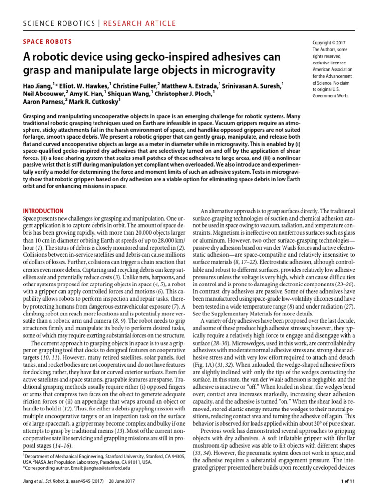 A robotic device using gecko-inspired adhesives can grasp and manipulate large objects in ...