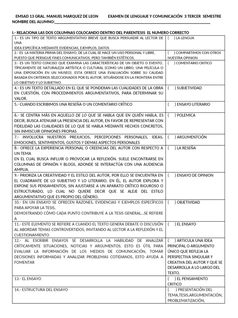 Examen de Lenguaje y Comunicacion 3 Primer Parcial | PDF