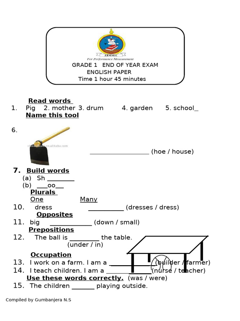 Grade 1 End of Year English 2022 | PDF | Language Arts & Discipline ...