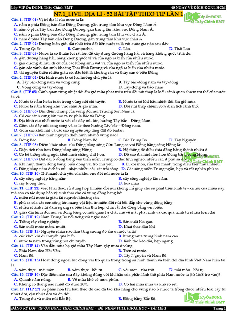 N7 - 1 - Live - Địa Lí - 52 Bài Tập Theo Tip Lần 1 | PDF