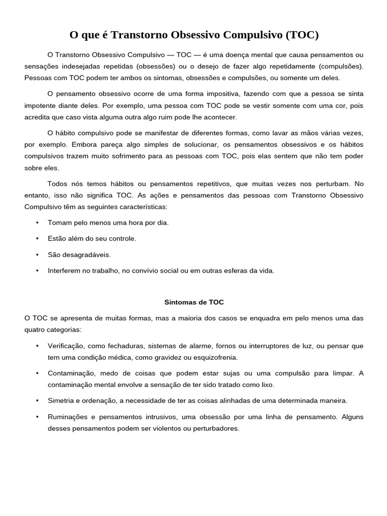 O Que É Transtorno Obsessivo Compulsivo (TOC) | PDF