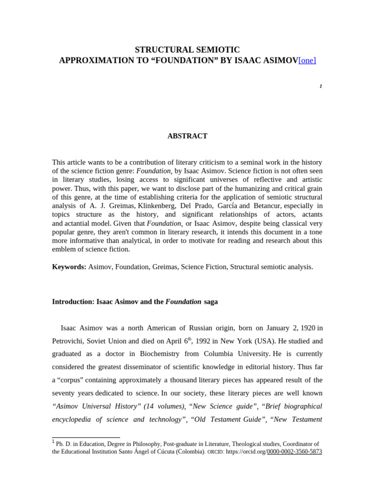 Structural semiotic approximation to Foundation by Isaac Asimov | PDF
