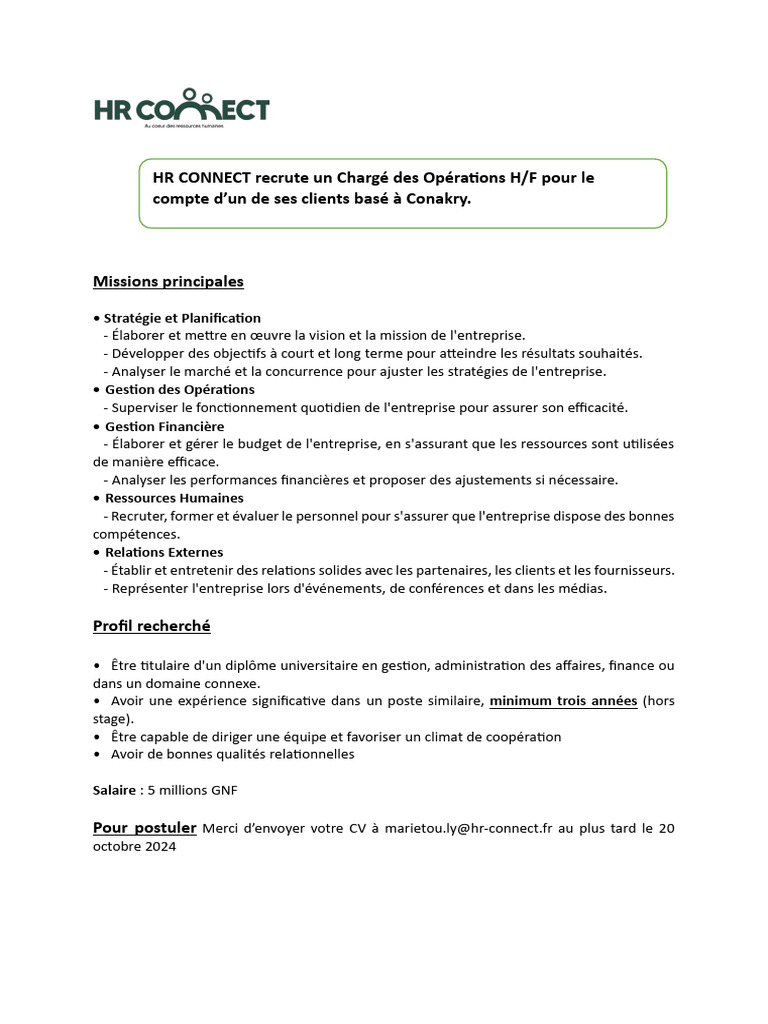 HR CONNECT recrute un Chargé des Opérations | PDF