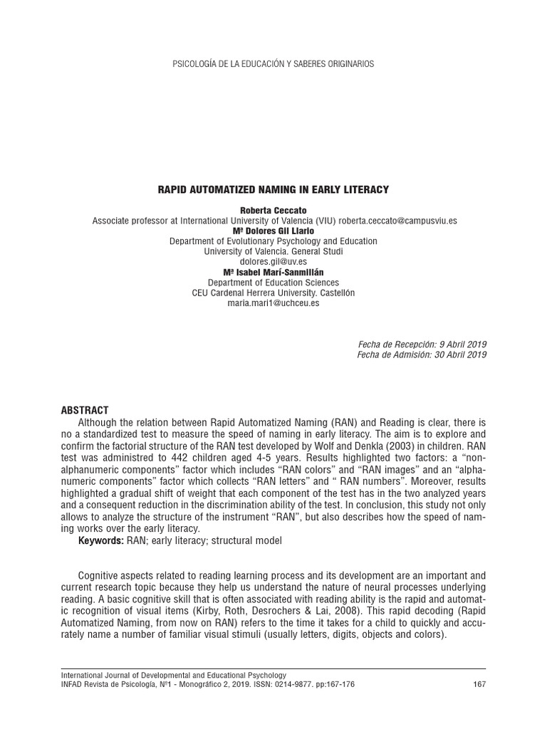 Rapid Automatized Naming in Early Literacy | PDF