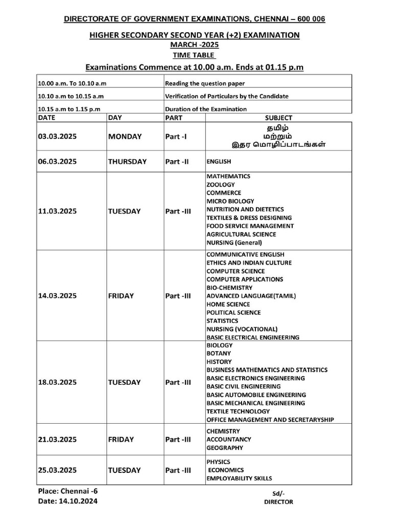 Tamil Nadu 12th Public Exam Time Table 2025 | PDF