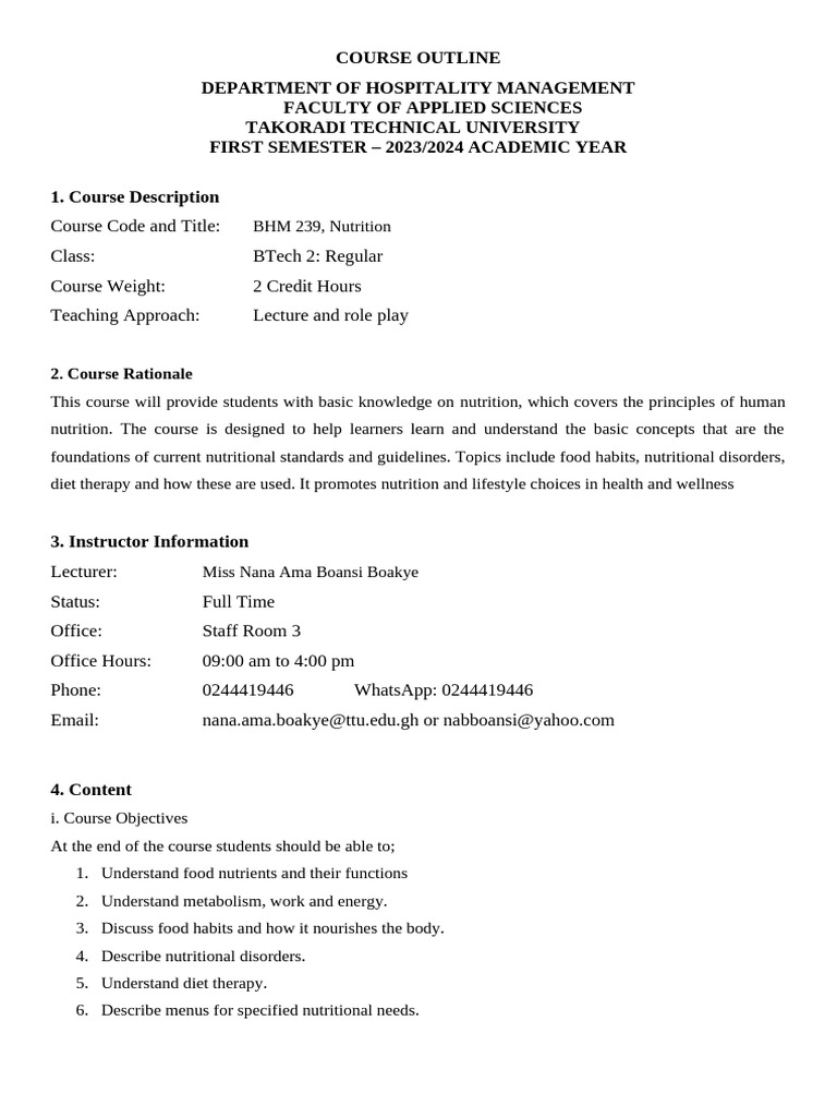 Nutrition COURSE OUTLINE Btech 2024-1 | PDF | Nutrition | Diet & Nutrition