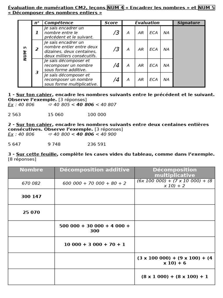 CM2 Decomposer Et Encadrer Les Grands Nombres Evaluation | PDF
