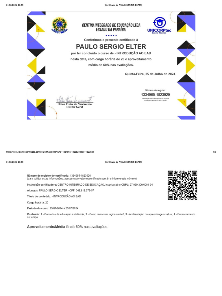 Certificado de Paulo Sergio Elter Ead | PDF