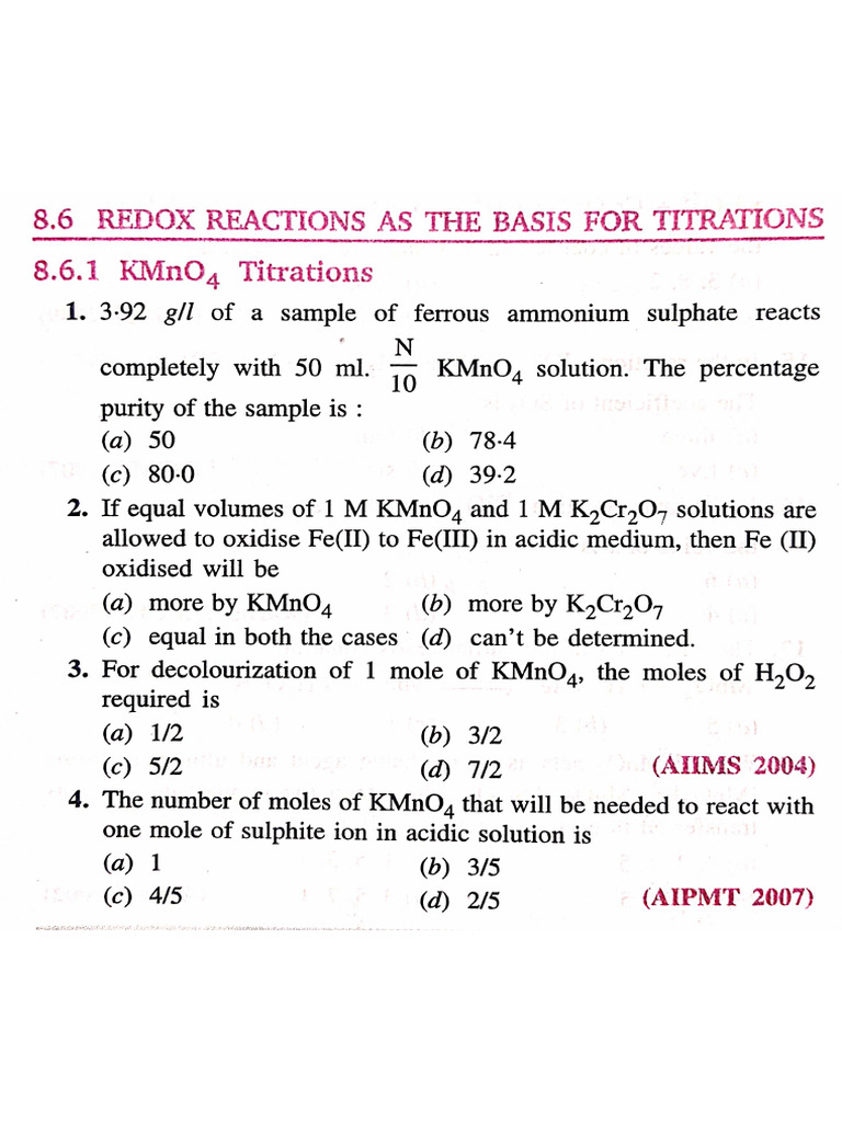 XI Practice Sheet (Redox As Basis For Titrations) | PDF