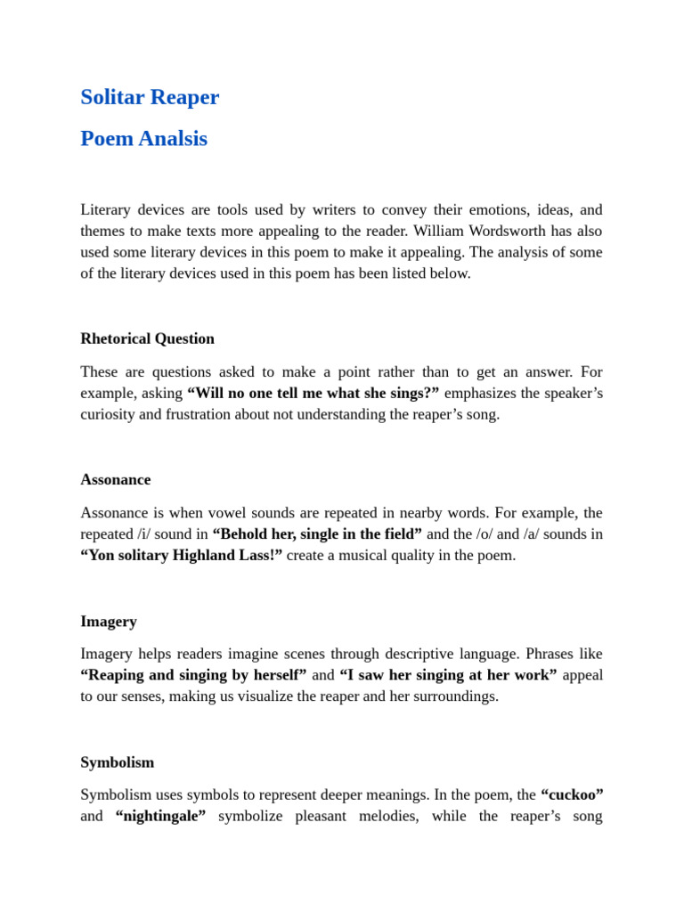 Solitary Reaper Poem Analsis | PDF