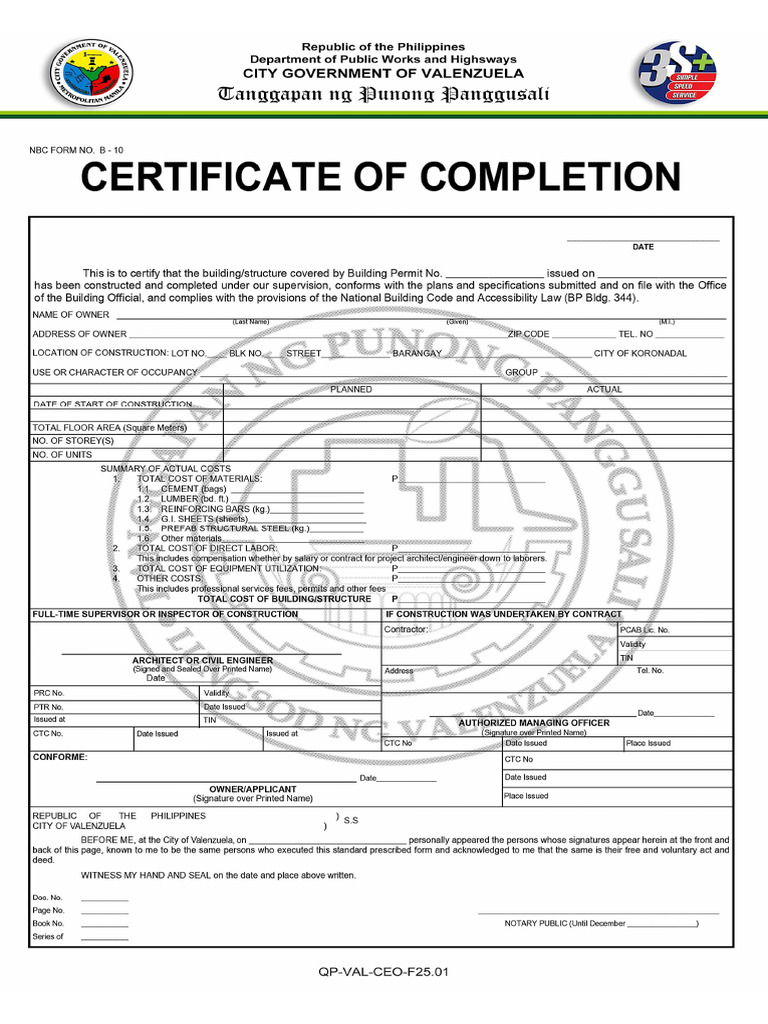 Application Certificate of Completion | PDF