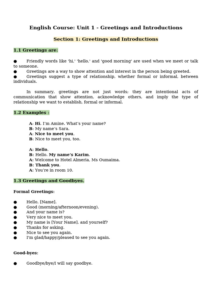 English Course - Unit 1 | PDF