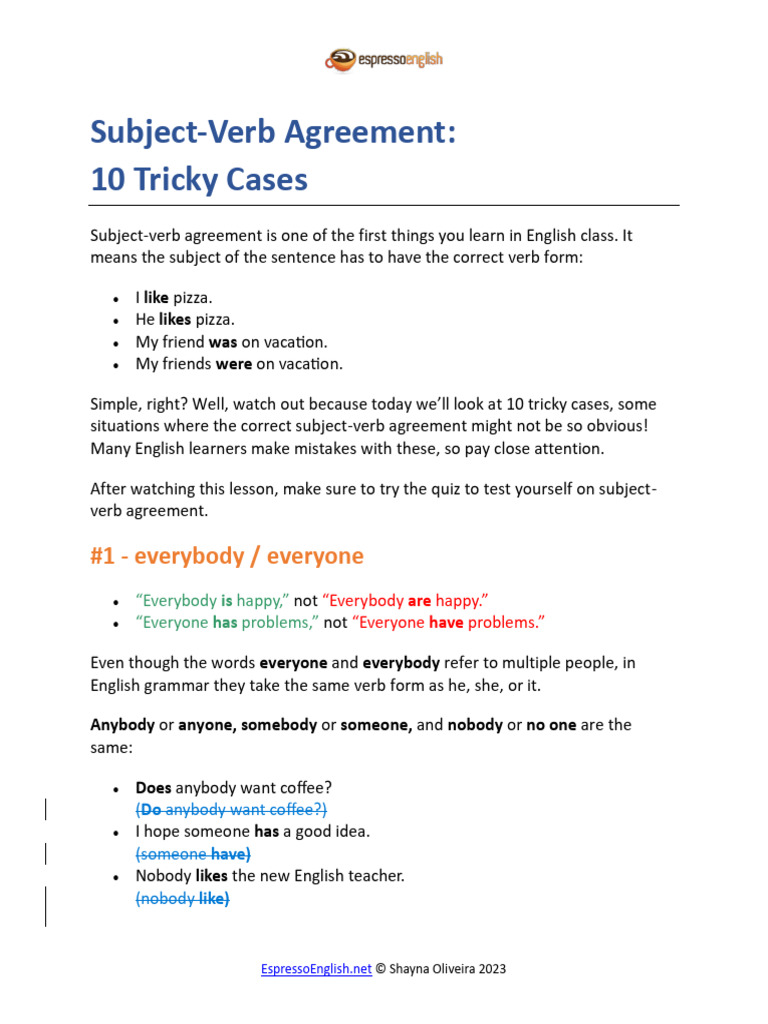 Free PDF Subject Verb Agreement Tricky Cases | PDF
