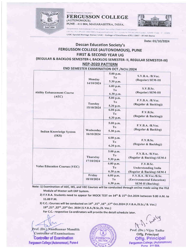 First Second Year NEP 2020 Pattern AEC IKS VEC CC Timetable | PDF
