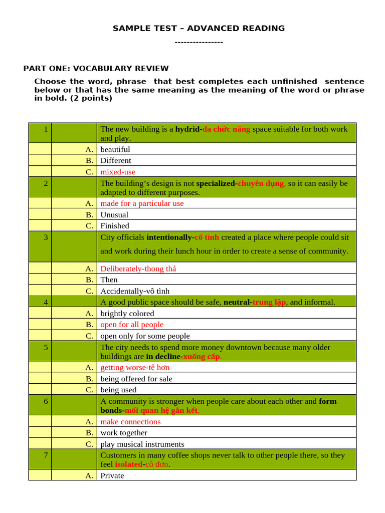 Sample Test - Advanced Reading | PDF