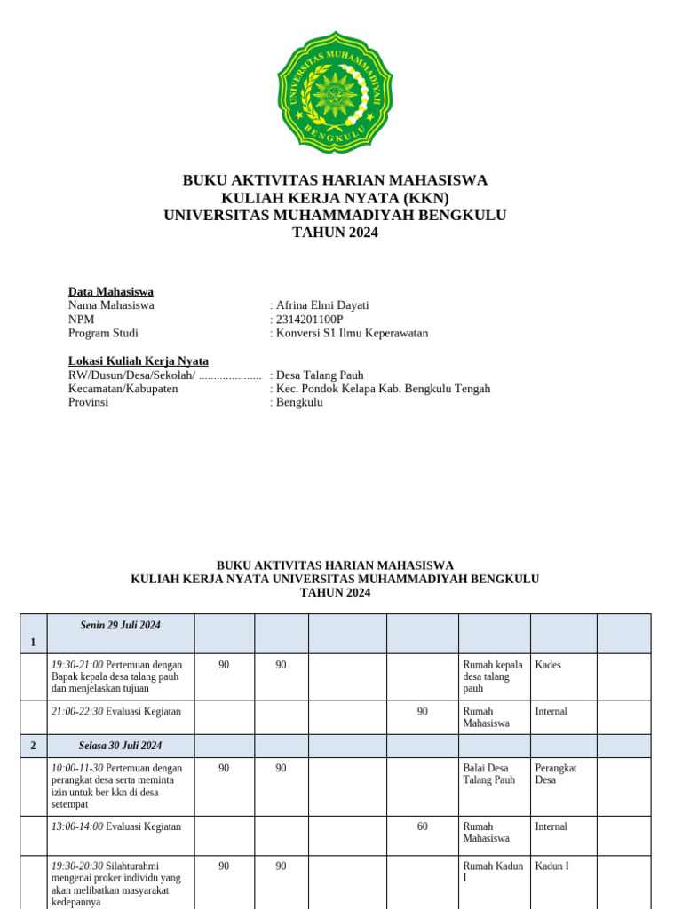 Logbook KKN Afrina Elmi Dayati | PDF