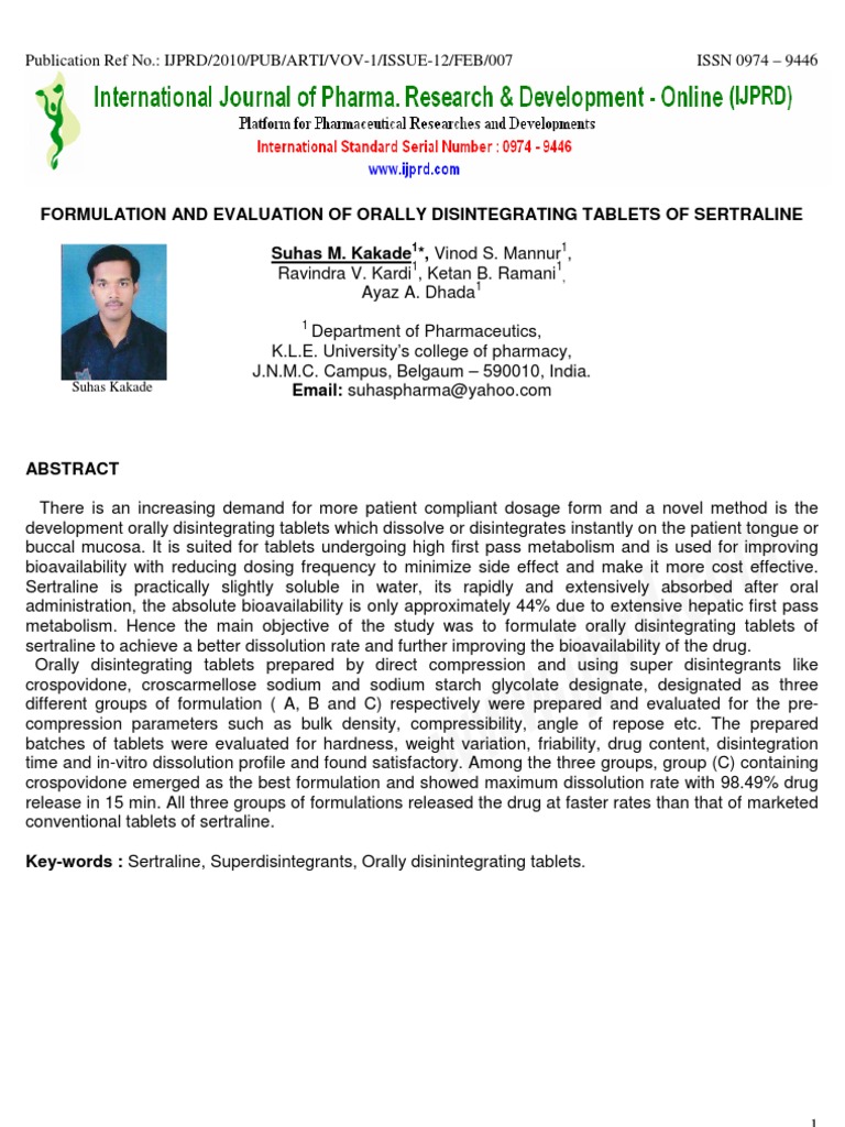 Formulation And Evaluation Of Orally Disintegrating Tablets Of Sertraline Pdf Tablet