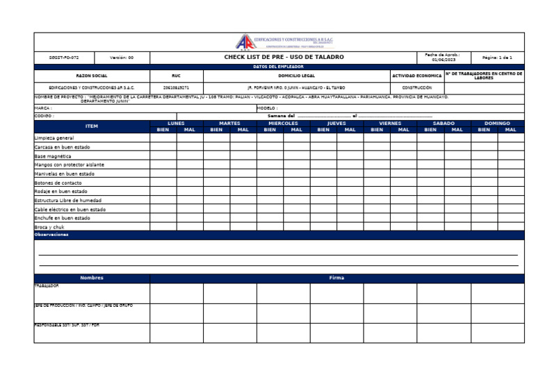 SGSST-FO-072 Check List de Pre - Uso de Taladro FELICIANO | PDF