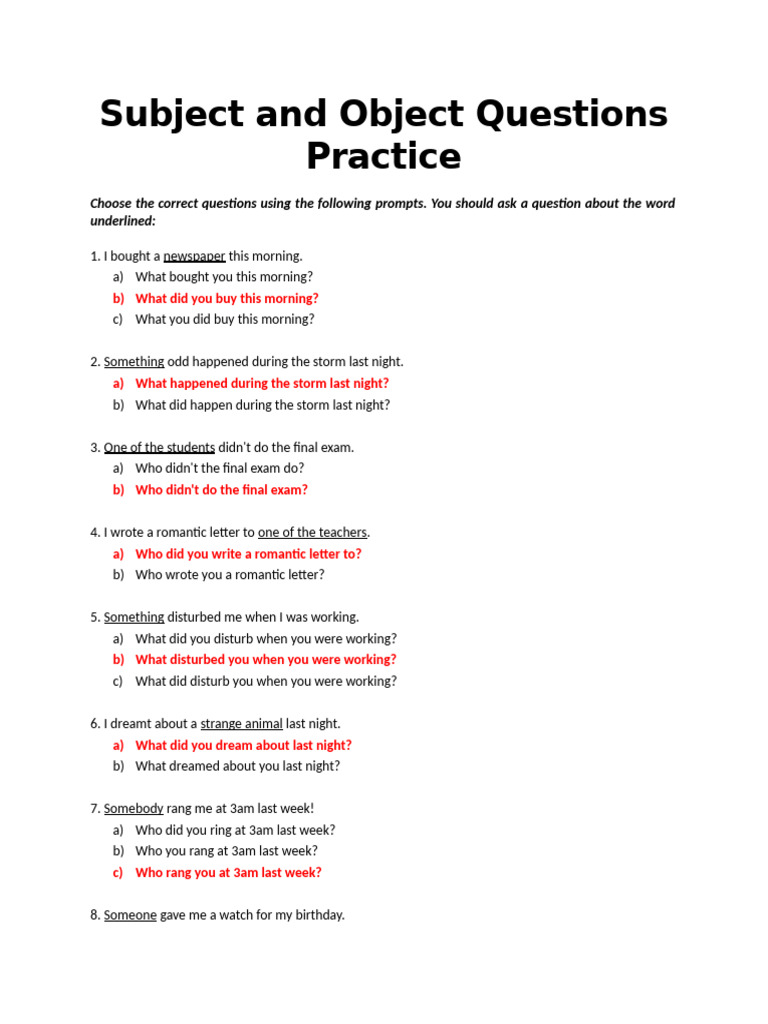 Subject and Object Questions Practice | PDF