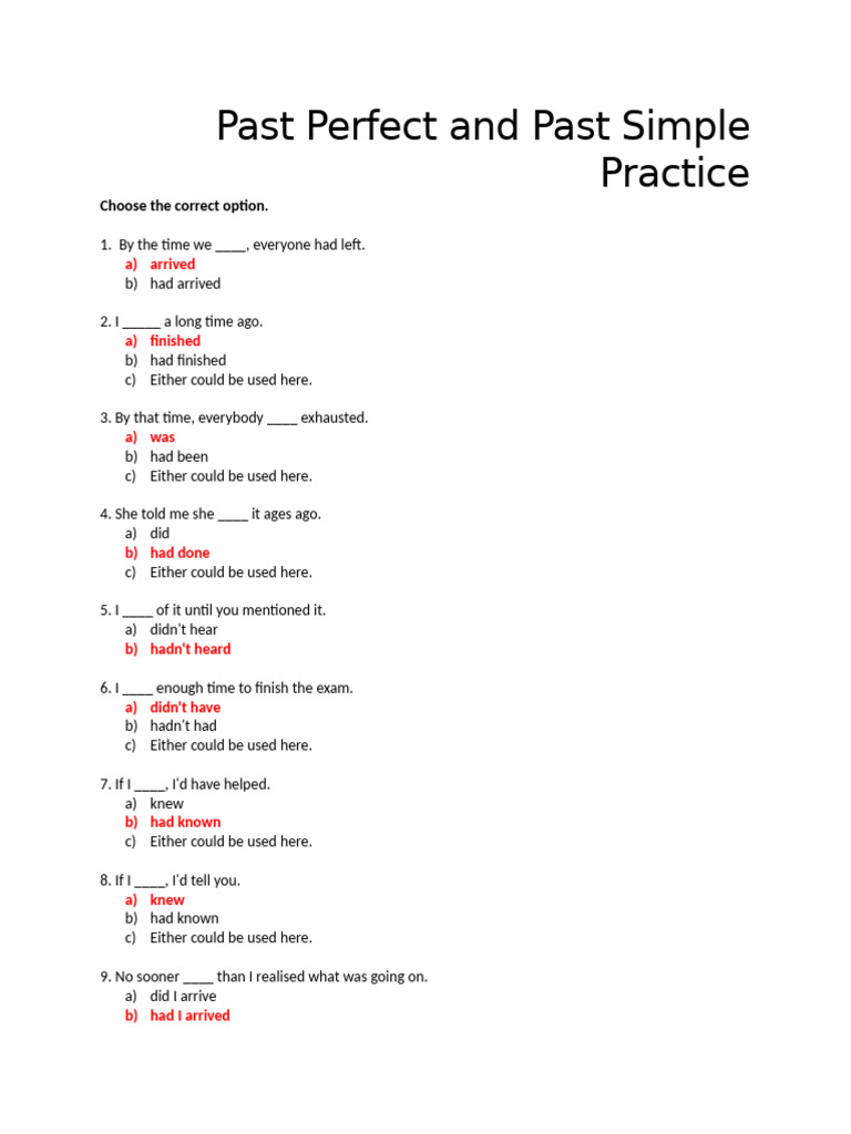 Past Perfect and Past Simple Practice | PDF
