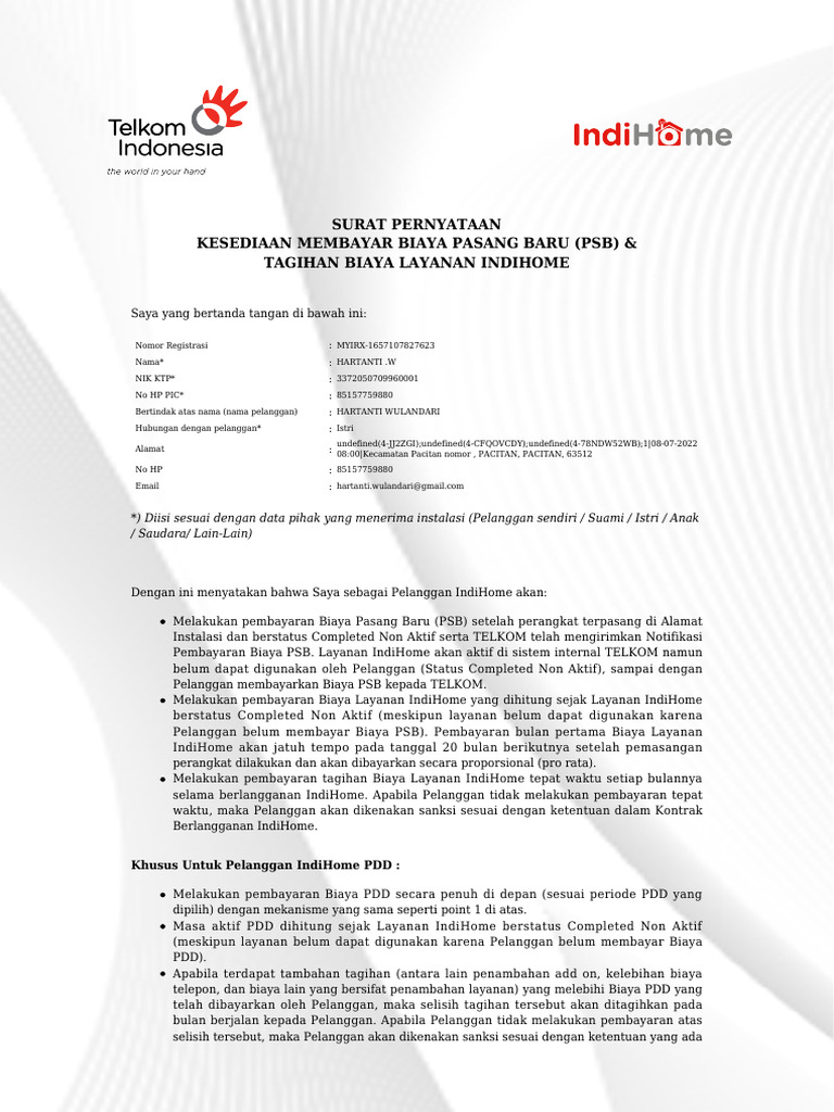 Surat Pernyataan Kesediaan Membayar Biaya Pasang Baru (PSB) & Tagihan Biaya Layanan Indihome | PDF