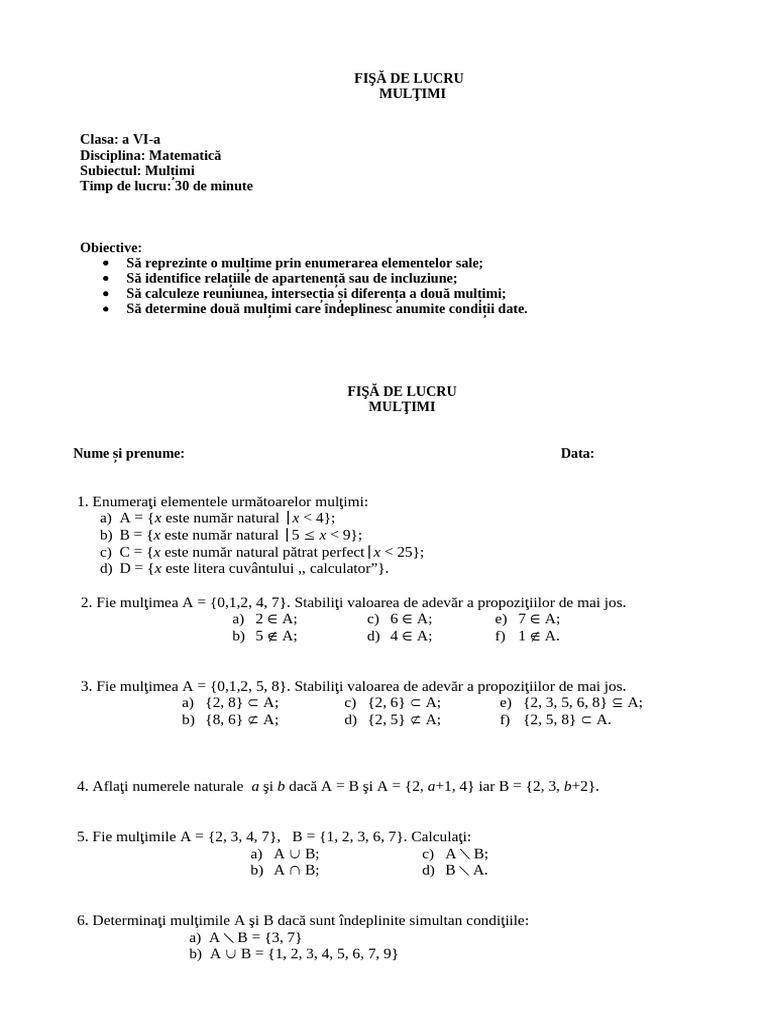 Fisa de Lucru Multimi | PDF
