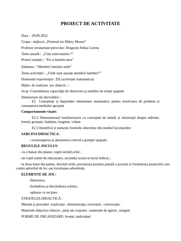 Ds Joc Didactic Pozitii Spatiale | PDF