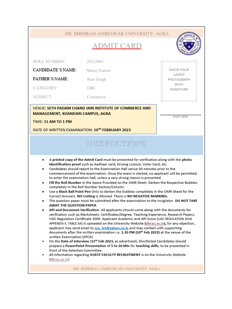 Admit Card Guest Faculty Recruitment | PDF | Identity Document | Driver ...