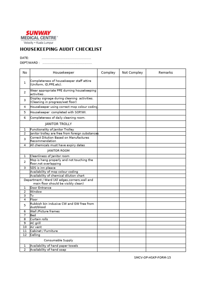 Housekeeping Audit Checklist Template | PDF | Home & Garden