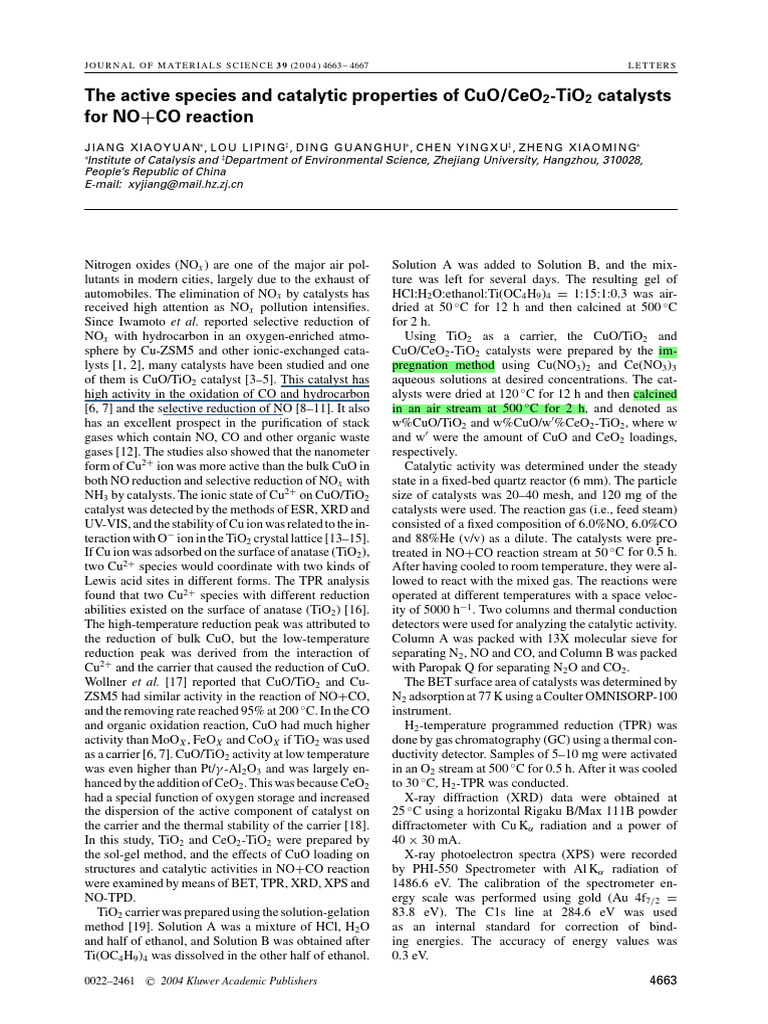 Active Species and Catalytic Properties of CuOCeO2-TiO2 Catalysts | PDF
