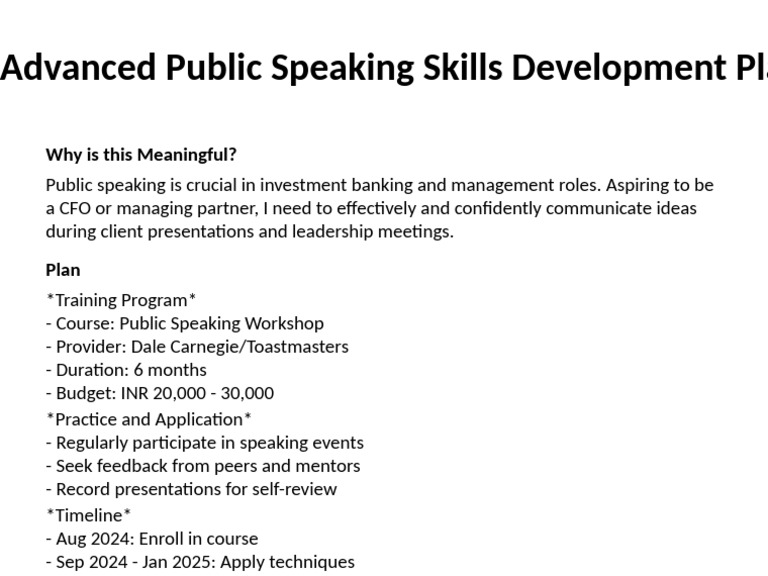 Advanced Public Speaking Skills Development Plan | PDF