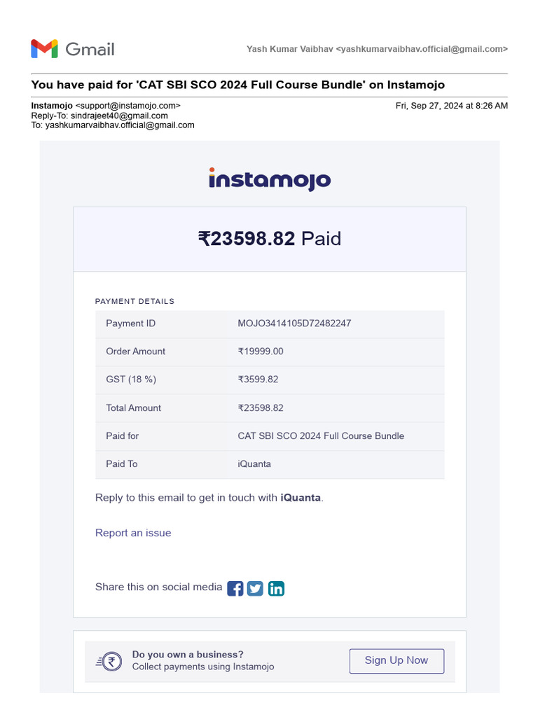 Gmail - You Have Paid For 'CAT 2023 Full Course' On Instamojo | PDF