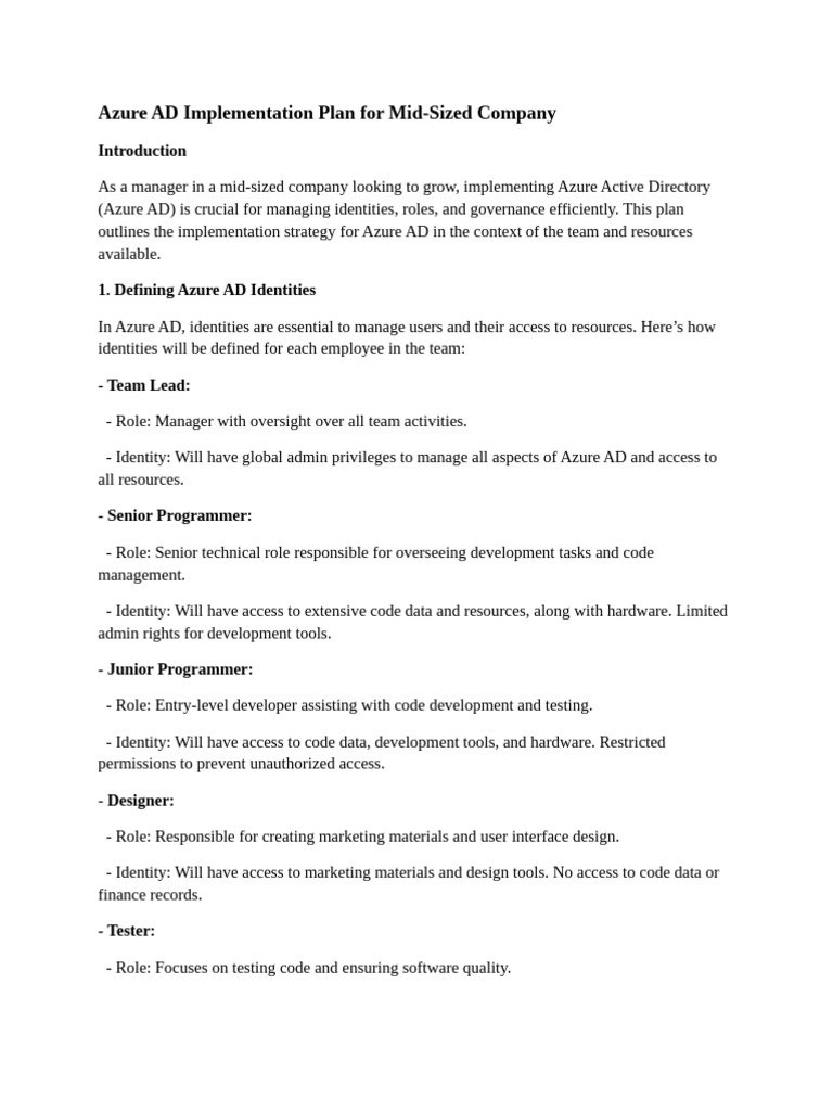 Azure AD Implementation Plan For Mid | PDF