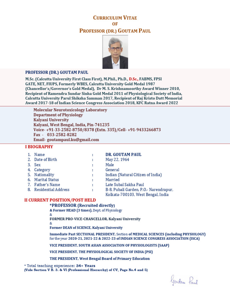 Curriculum Vitae of Professor DR Goutam Paul | PDF