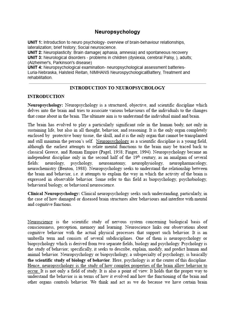 Neuropsychology Notes | PDF
