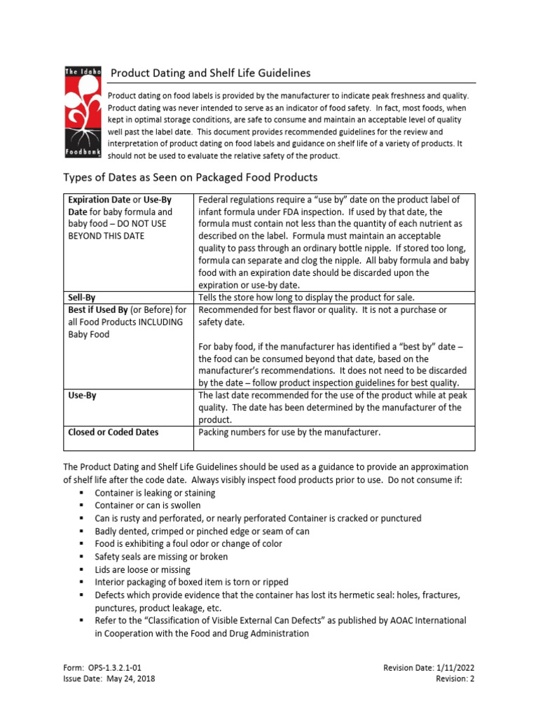 IFB Product Dating and Shelf Life Guidelines OPS 1.3.2.1 01 | PDF