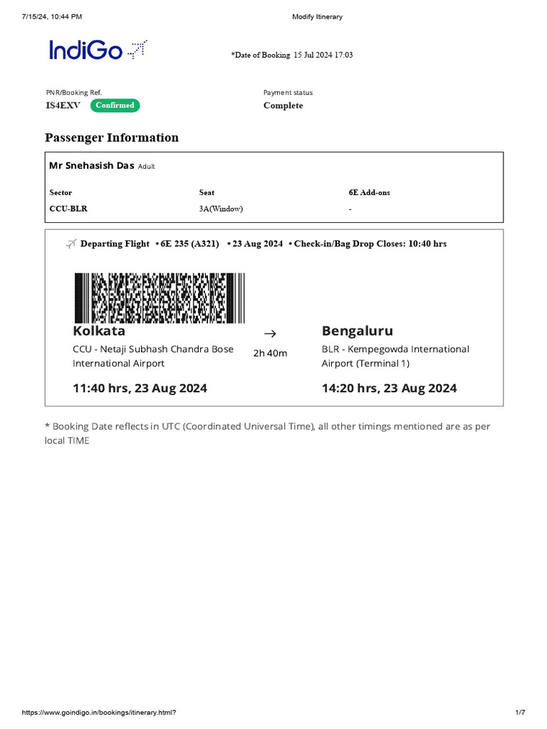 Flight Itinerary Updated CCU-BLR | PDF