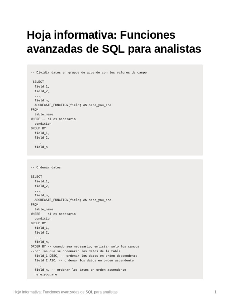 Moved Hoja Informativa Funciones Avanzadas de SQL para Analistas | PDF ...