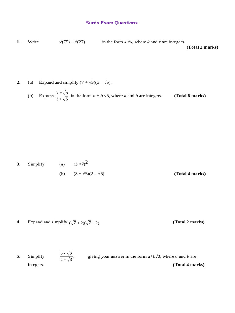 Surds Exam Questions No Solutions Pdf