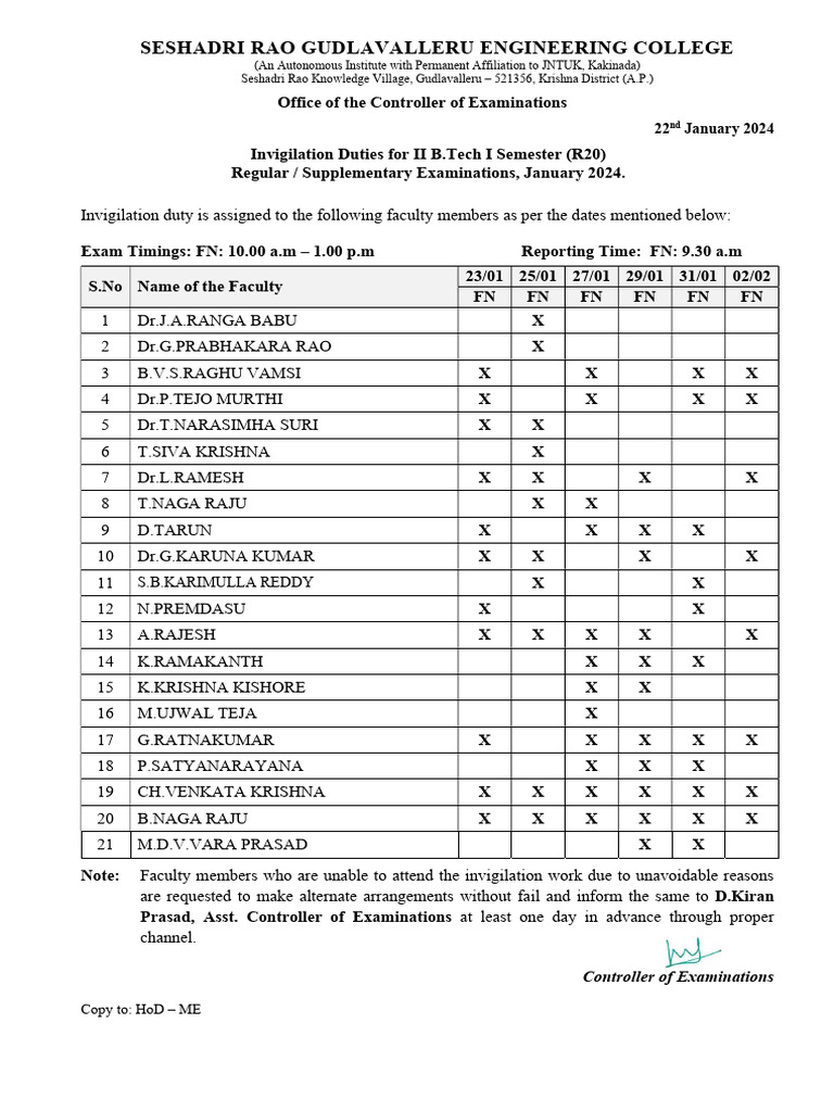II B.tech I Sem - Invigilations - ME | PDF