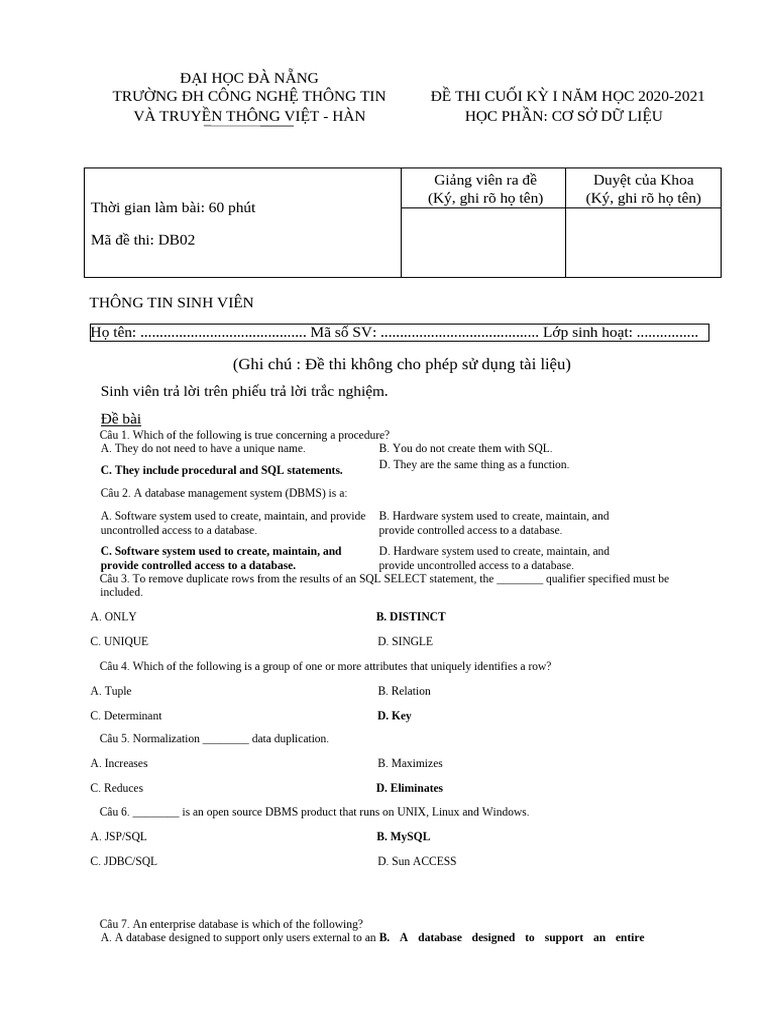 Đáp Án CSDL Ôn Thi 2 | PDF