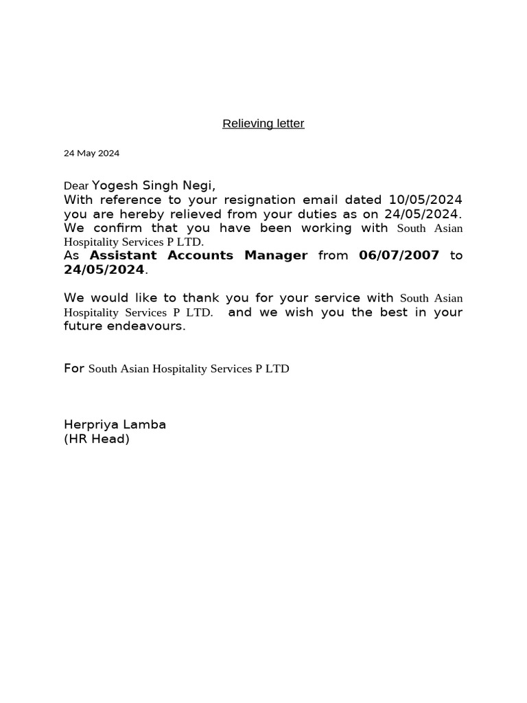 Releving Letter | PDF