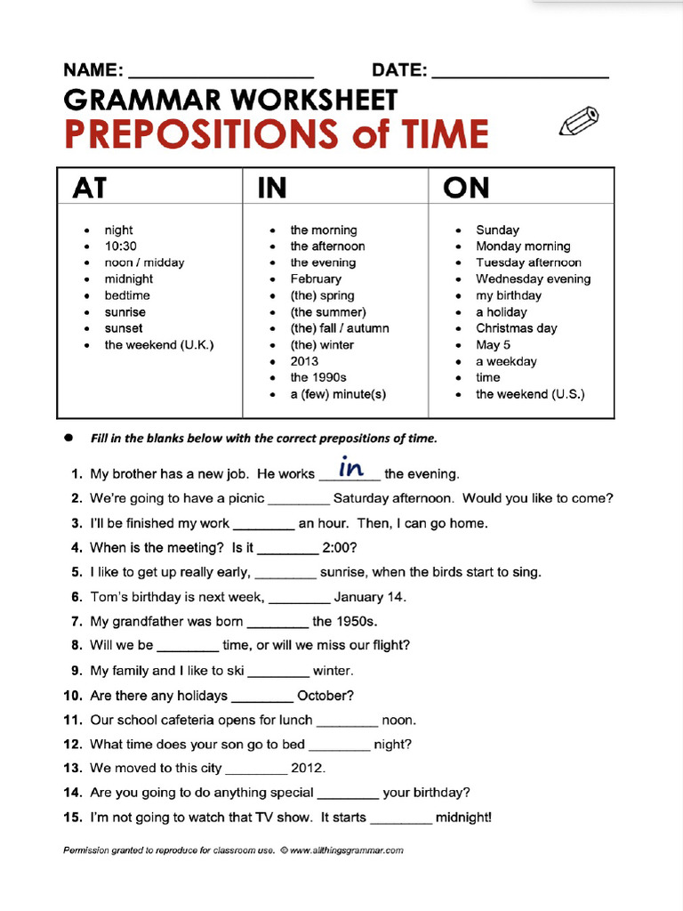 Prepositions of Time | PDF