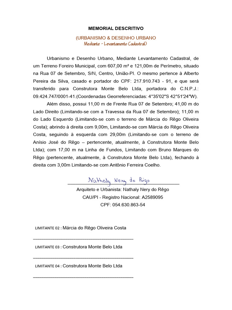 Memorial Descritivo - Terreno Rua 07 | PDF